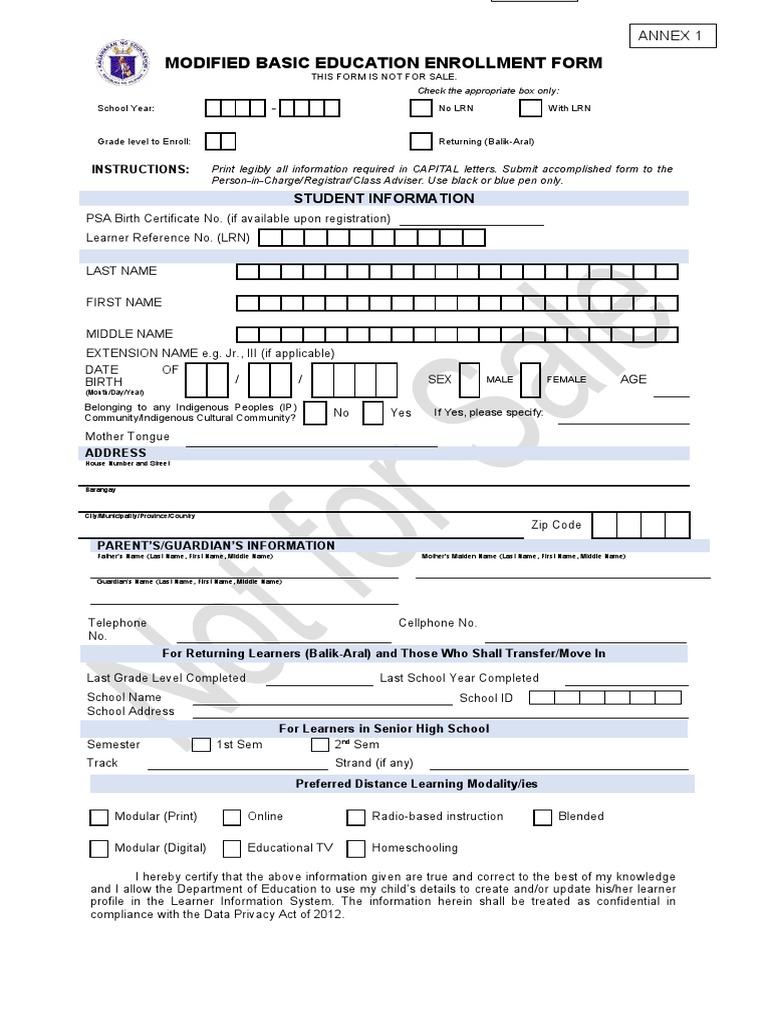 Modified Basic Education Enrollment Form: Student Information ...