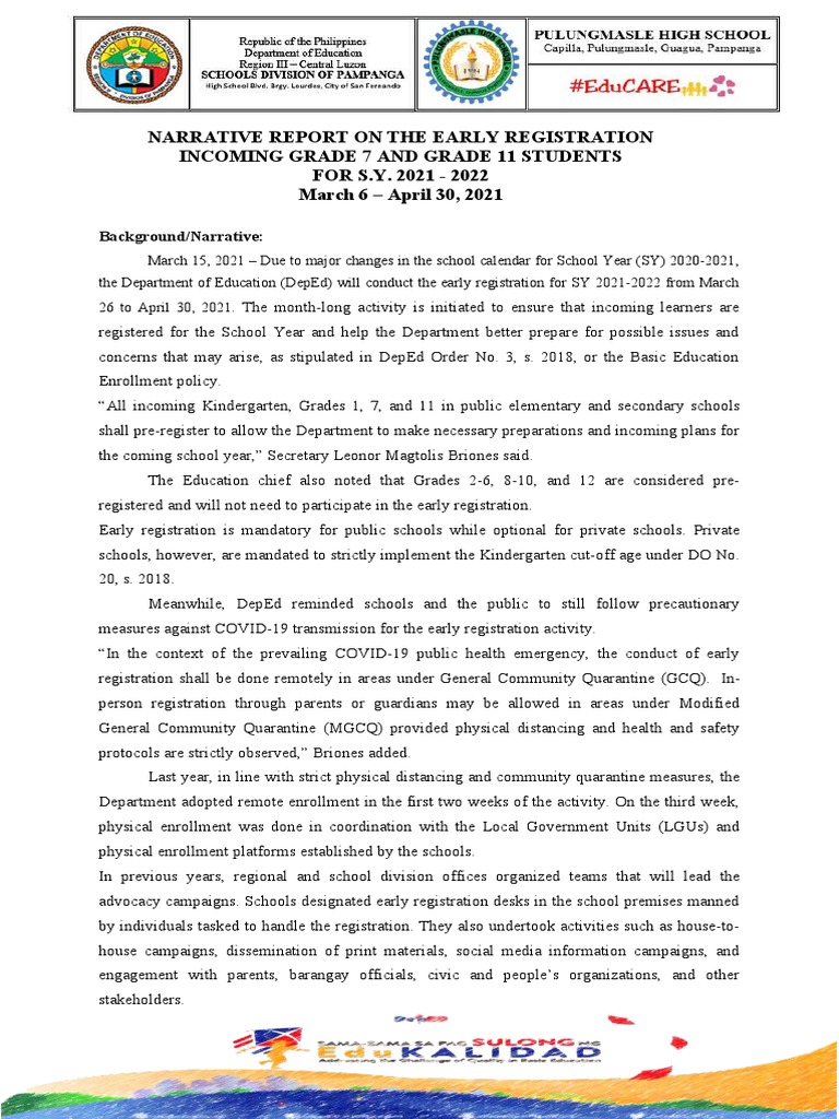 Narrative Report On The Early Registration | PDF | Human Nature | Policy