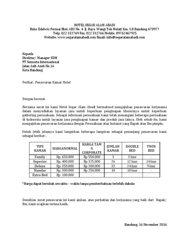 Contoh Surat Penawaran Kamar Hotel Untuk Gathering Perusahaan | PDF