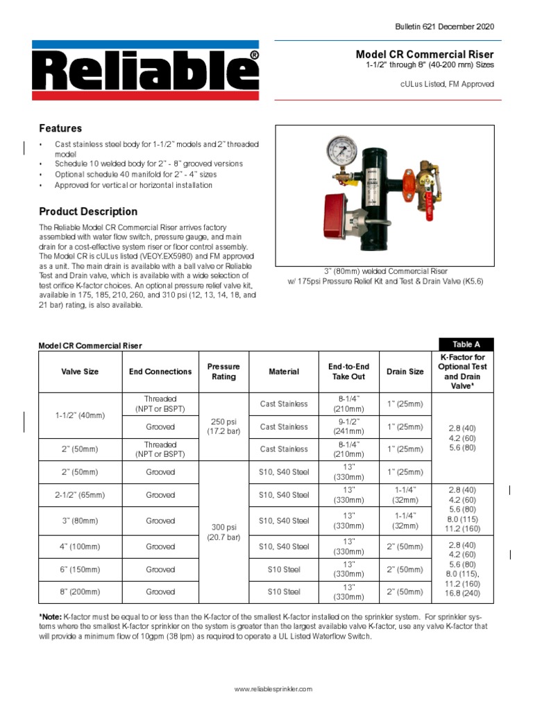 Model CR Commercial Riser: Table A | PDF | Fire Sprinkler System | Valve