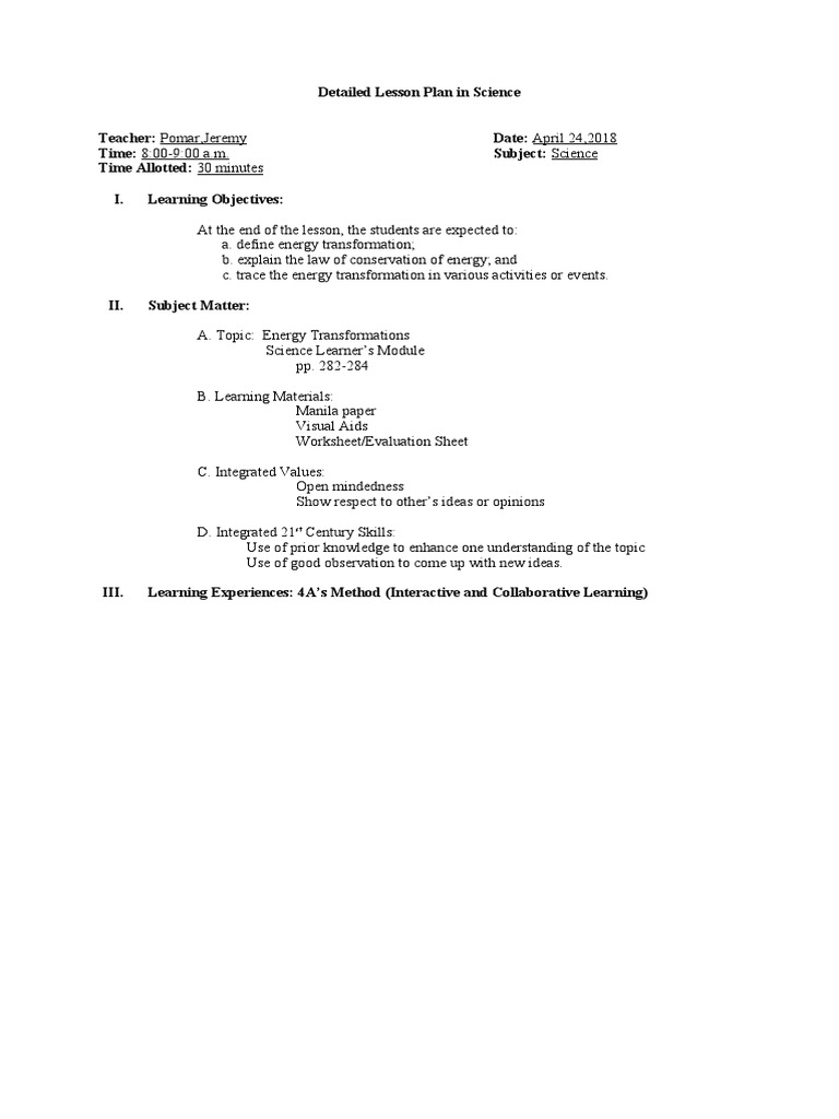 Detailed Lesson Plan in Science | PDF | Lesson Plan | Learning