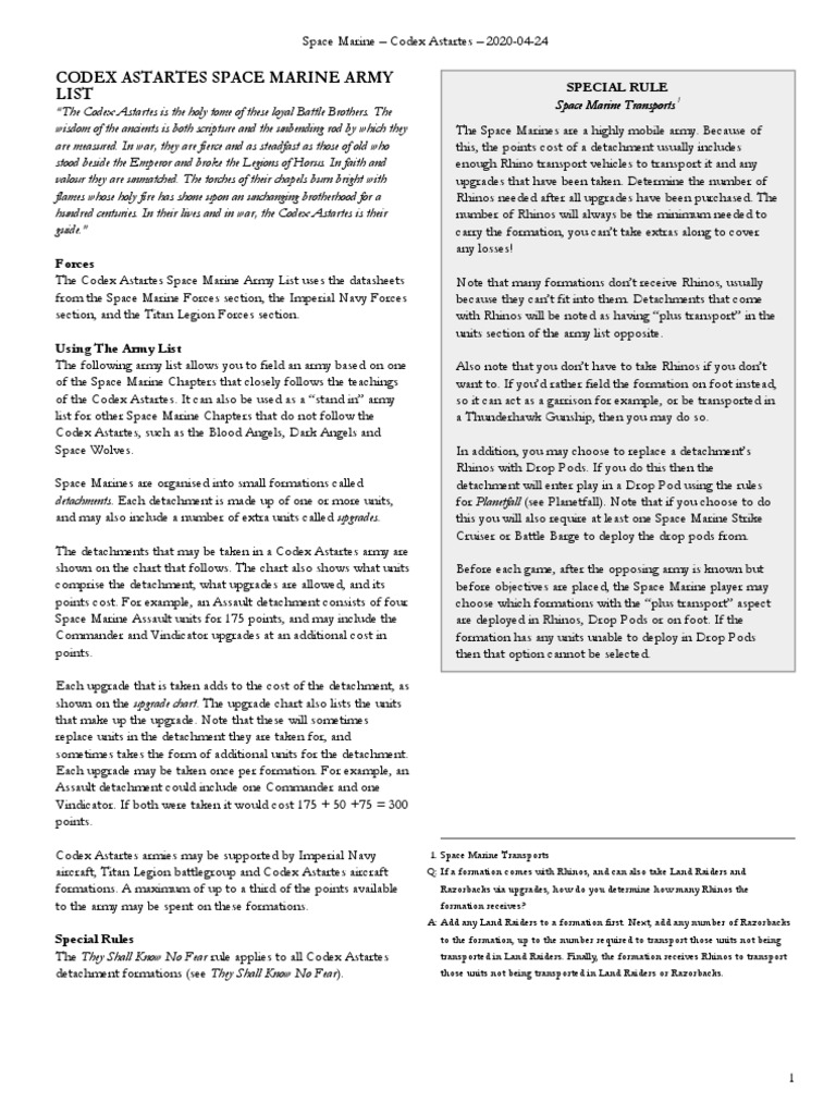 Codex Astartes Space Marine Army List: Special Rule | PDF | Warfare ...