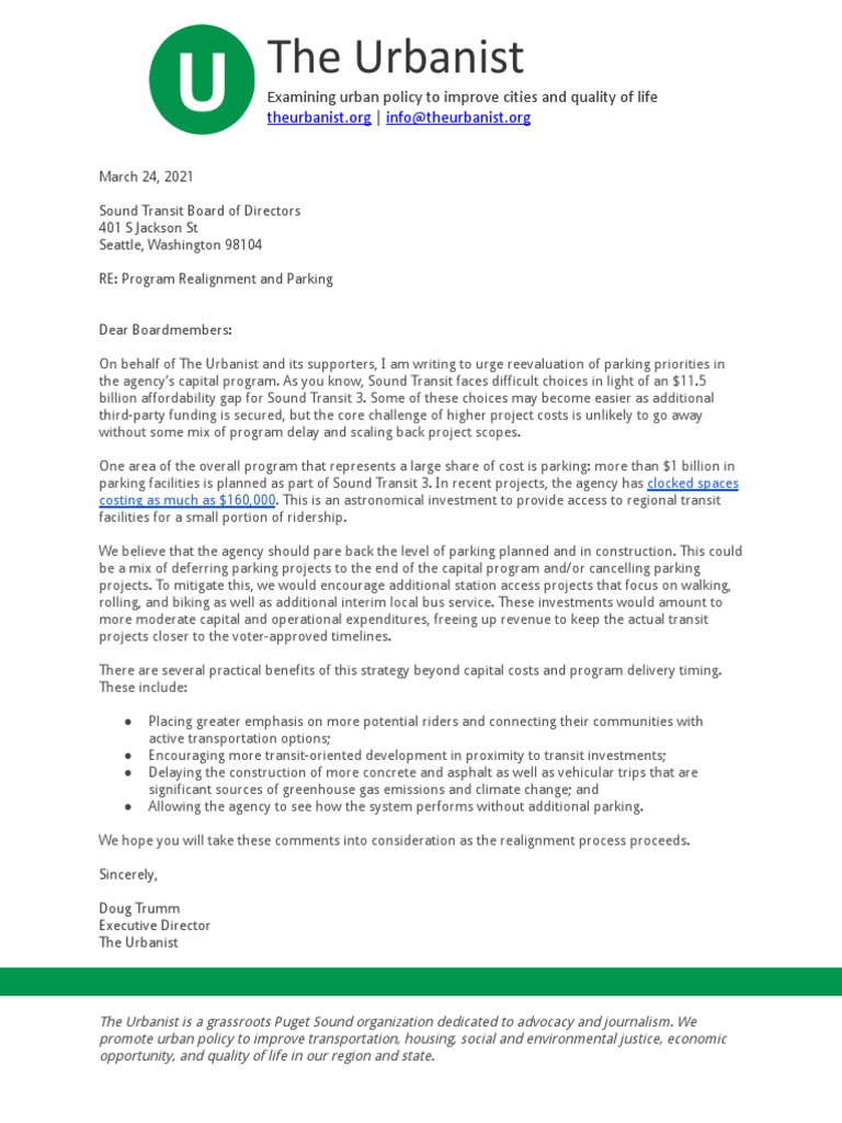 The Urbanist - Sound Transit Parking Letter | PDF | Public Transport ...