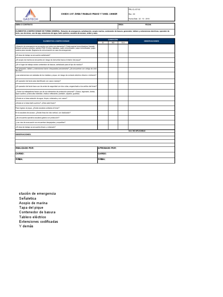 PRL-CL-GT-02 - REV 00 Check List Área Trabajo Pique y Tunel Linner ...