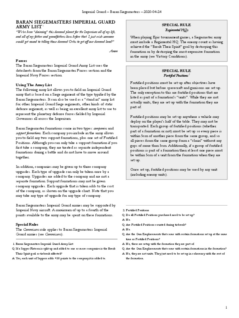 Baran Siegemasters Imperial Guard Army List: Special Rule | PDF ...