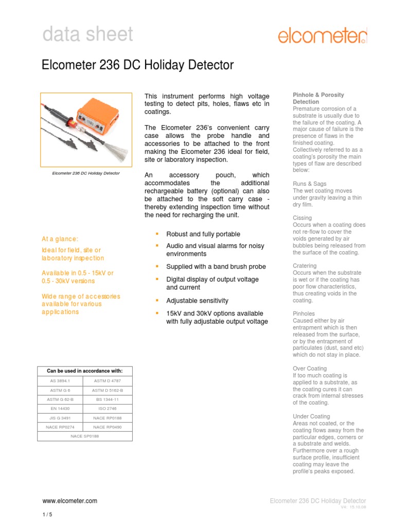 Data Sheet: Elcometer 236 DC Holiday Detector | PDF | Manufactured ...