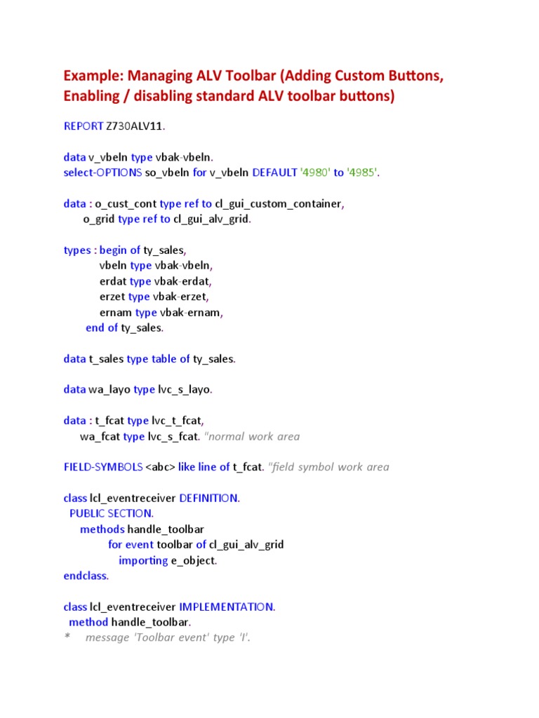 Example Managing Alv Toolbar Adding Custom Buttons Enabling Disabling Standard Alv Toolbar