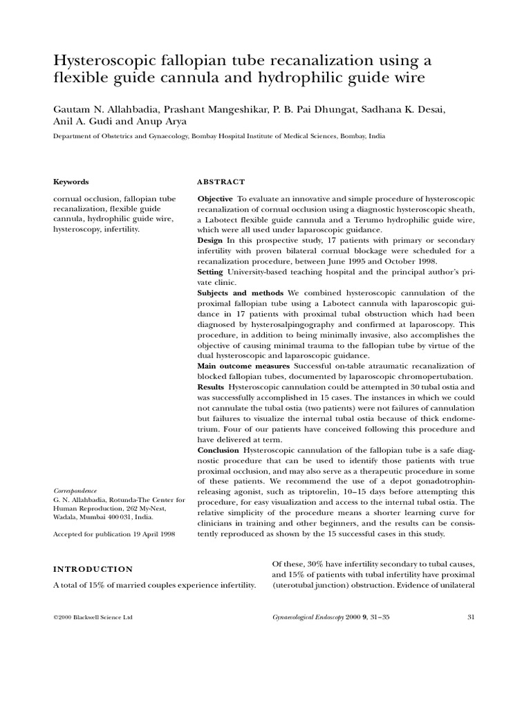 Hysteroscopic Fallopian Tube Recanalization Using A Exible Guide ...