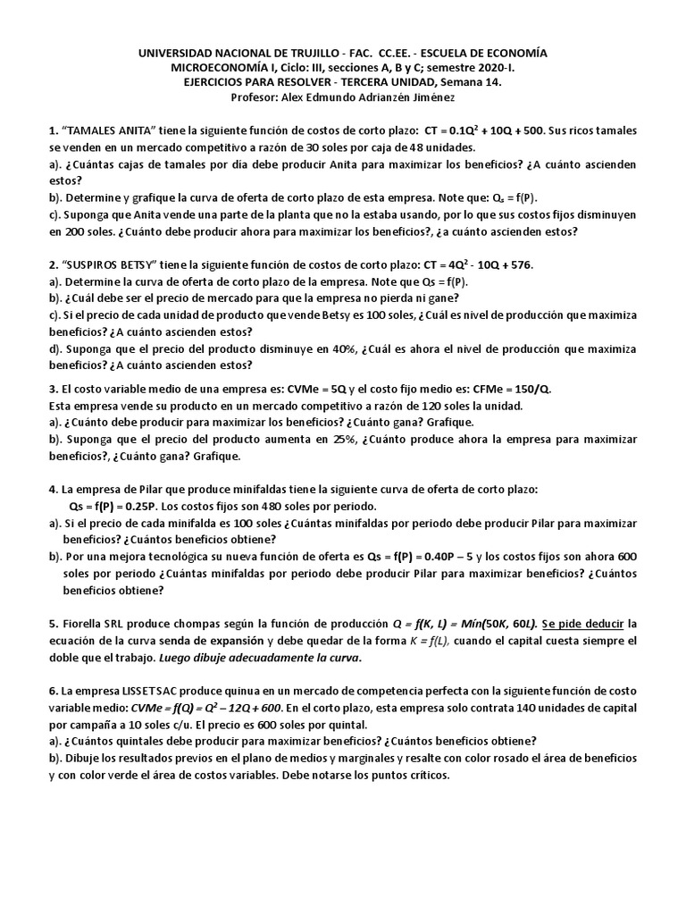 Ejercicios Propuestos Semana 14 | PDF | Competencia perfecta | Mercado (economía)