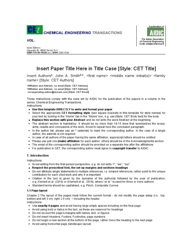 Insert Paper Title Here in Title Case (Style: CET Title) : Chemical ...