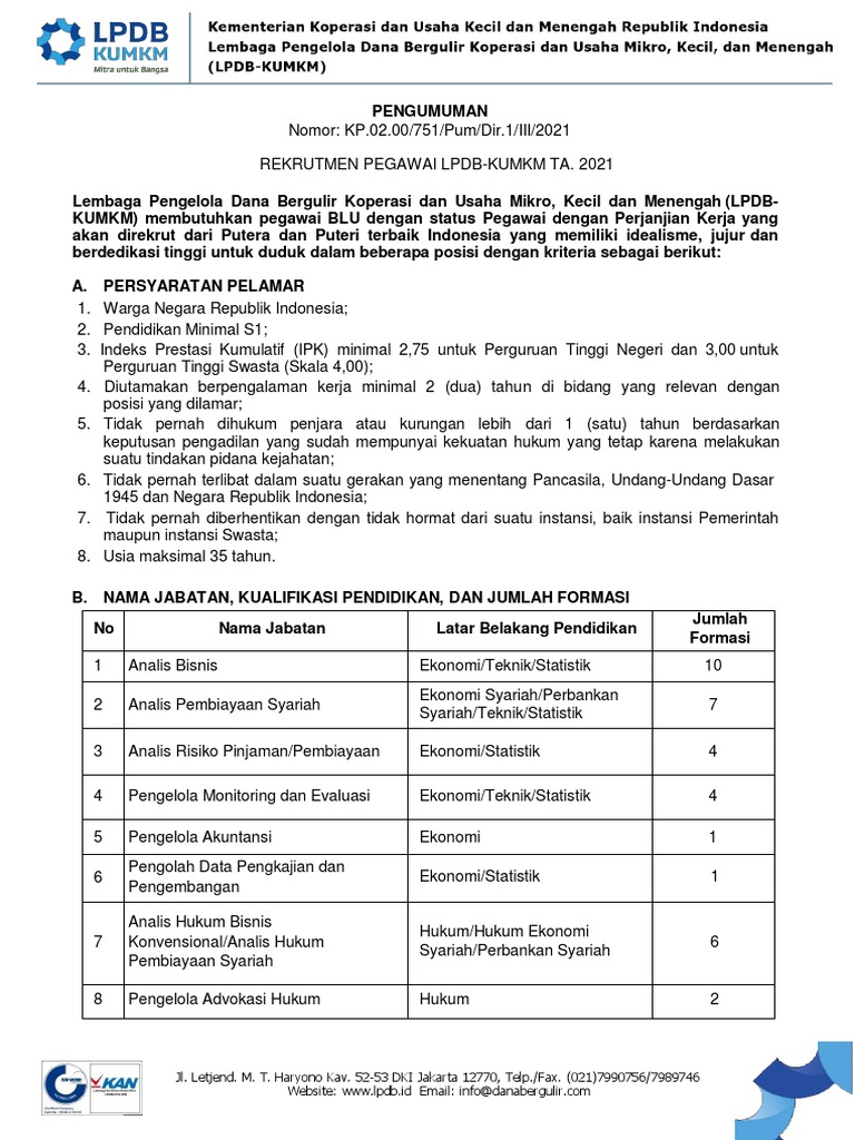PUM Rekrutmen Pegawai LPDB KUMKM TA.2021 1 | PDF