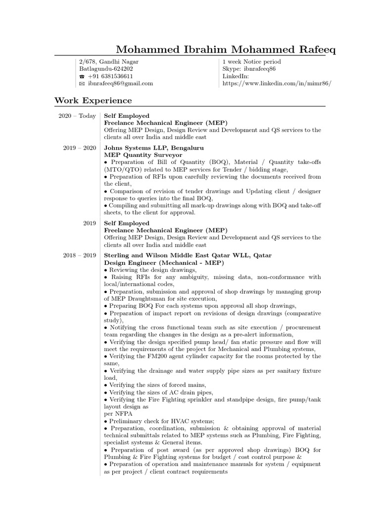 MIMR - CV - MEP - MECHANICAL - Seeveeze - LTX | PDF | Engineering | Science