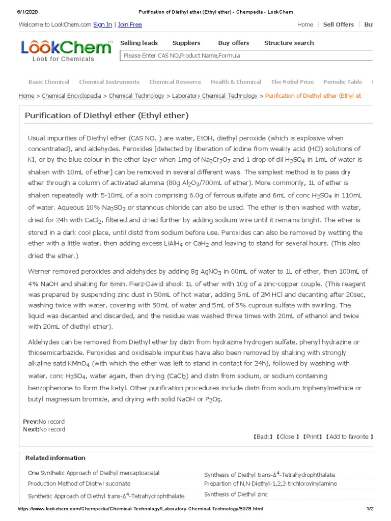 Purification of Diethyl Ether (Ethyl Ether) | PDF | Ethanol | Sulfuric Acid