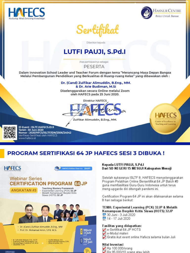 Sertifikat Hafecs - LUTFI PAUJI, S.Pd.I | PDF