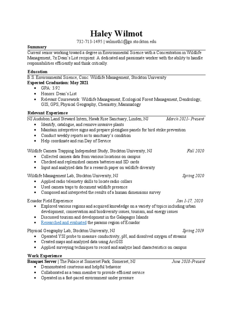 Haley Wilmot Resume 2021 | PDF | Biodiversity | Geography