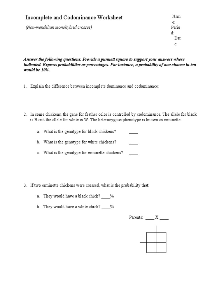 Incomplete Dominance and Codominance Genetics Problems | PDF ...
