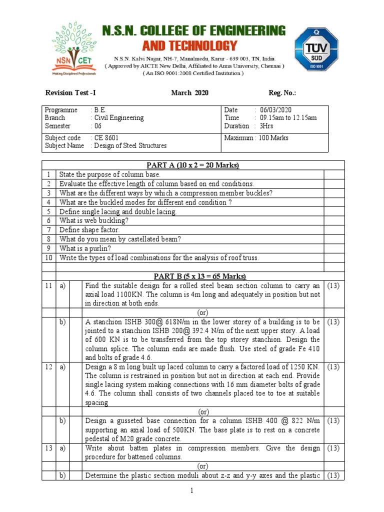 Civil Engineering Steel Structures Exam | PDF | Column | Beam (Structure)
