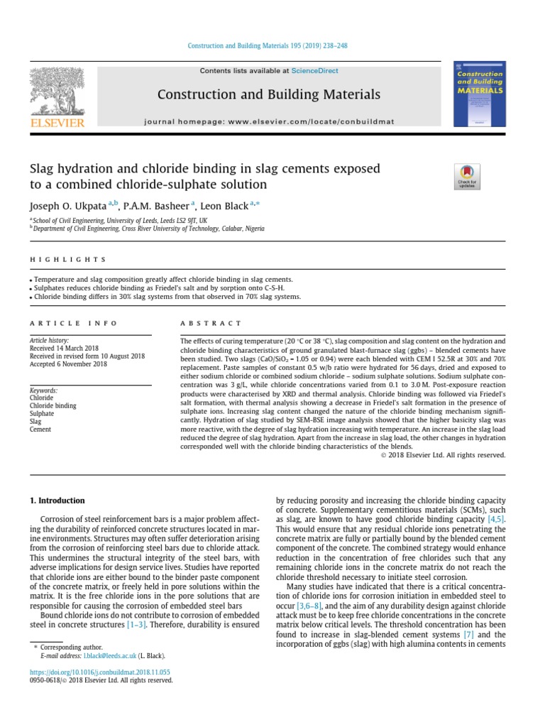 Slag Hydration and Chloride Binding in Slag Cements Exposed To A ...
