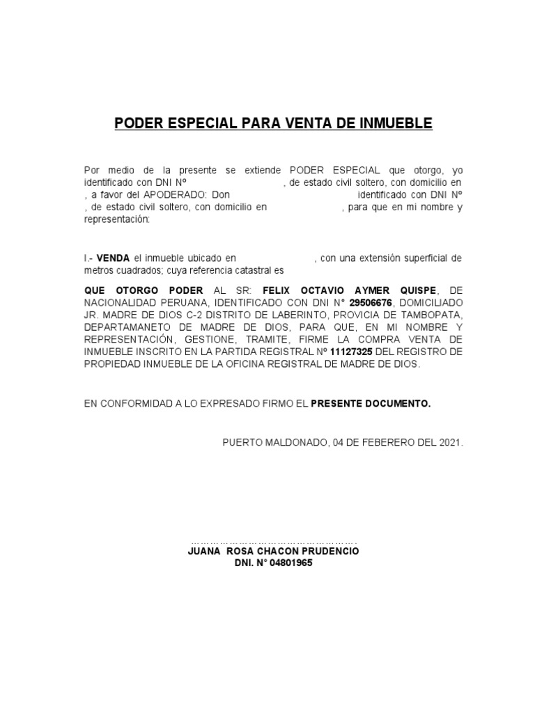 Poder Especial de Venta de Inmueble | PDF