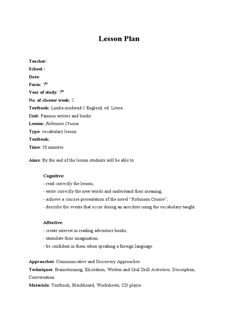 Lesson Robinson Crusoe | PDF | Vocabulary | Teachers