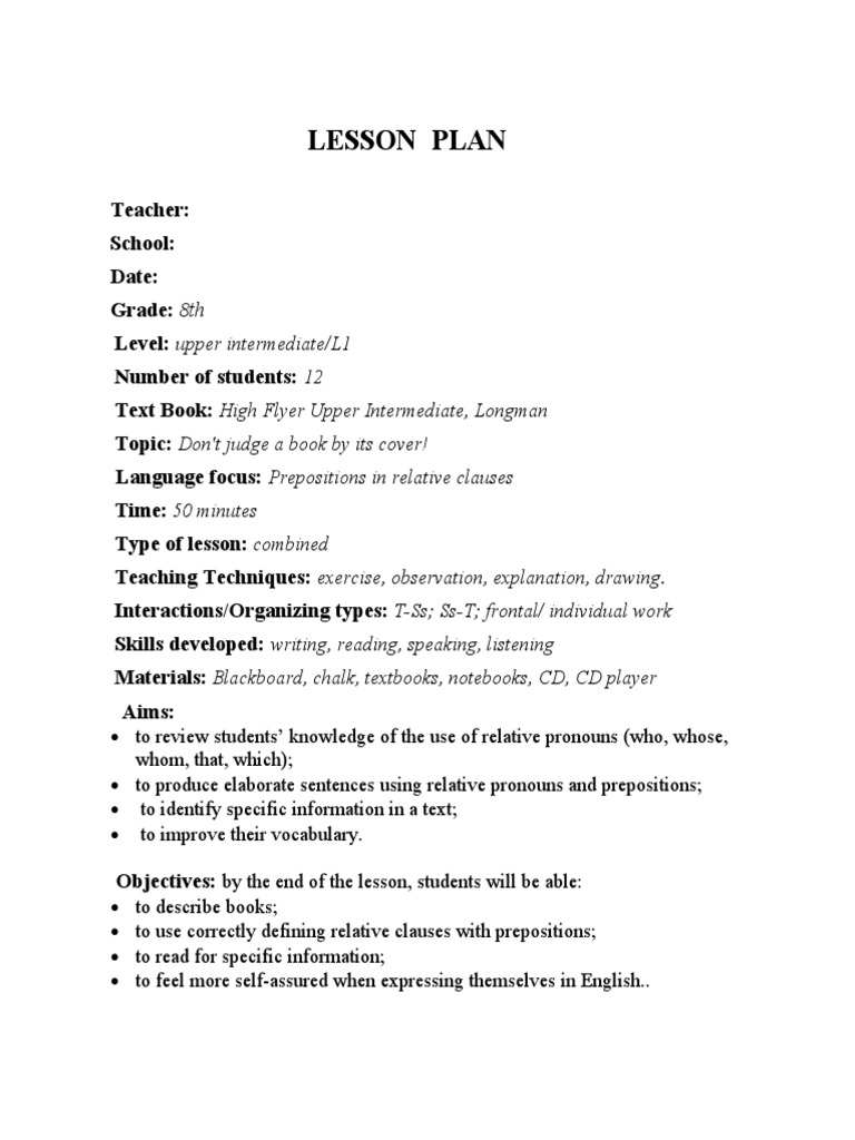 8th Grade Lesson Plan on Relative Clauses | PDF | Textbook | Teachers