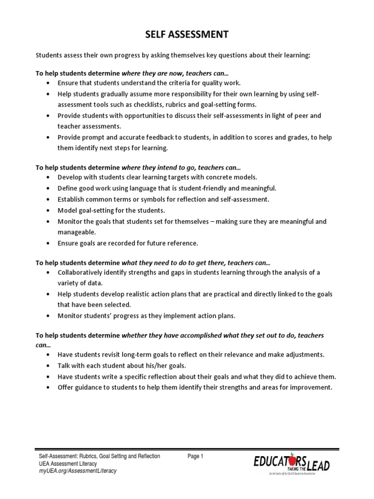 Self Assessment: Self-Assessment: Rubrics, Goal Setting and Reflection ...