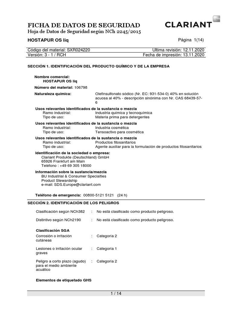 Clariant SDS HOSTAPUR OS Liq Chile Spanish | PDF | Química | Ciencias ...