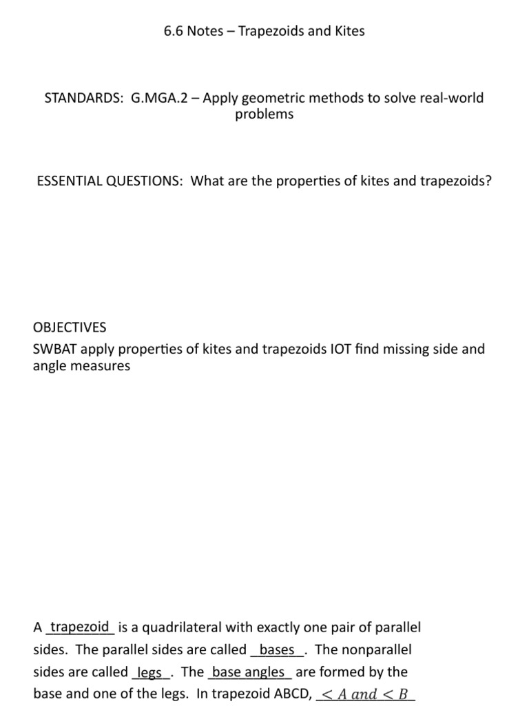 6.6 Notes - Trapezoids and Kites | PDF | Perpendicular | Elementary ...