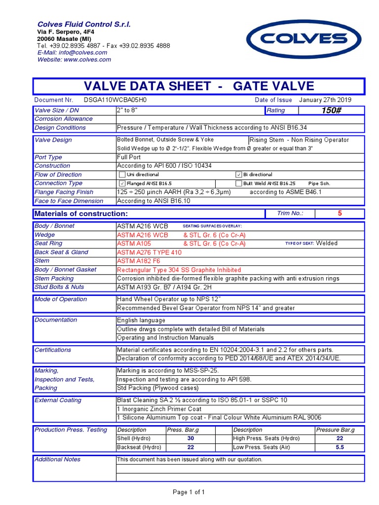 Valve Data Sheet - Gate Valve: Colves Fluid Control S.R.L | PDF | Valve ...