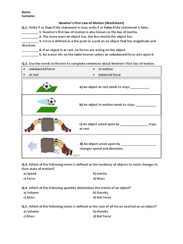 Worksheet - Newton's First Law of Motion | PDF | Newton's Laws Of ...