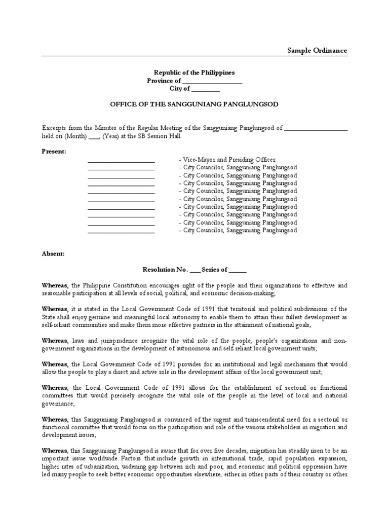 Sample Ordinance For The Creation of A Migrants Services and ...