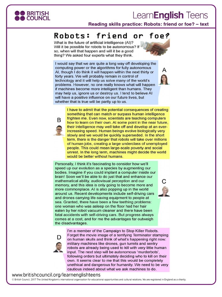 Reading Skills Practice: Robots: Friend or Foe? - Text | PDF