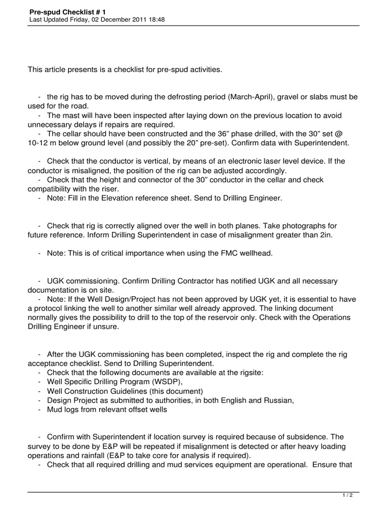 Pre Spud Checklist 1 | PDF | Casing (Borehole) | Pump