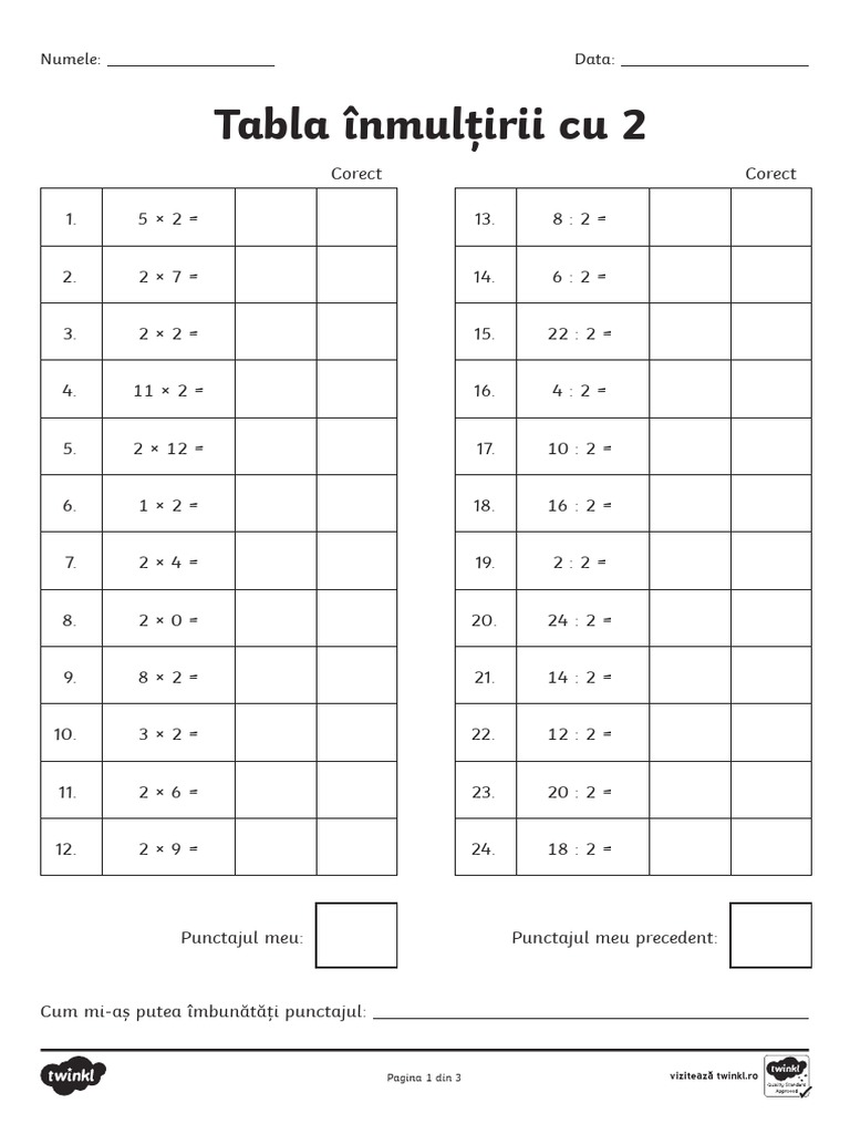 Tabla Inmultirii Cu 2 | PDF