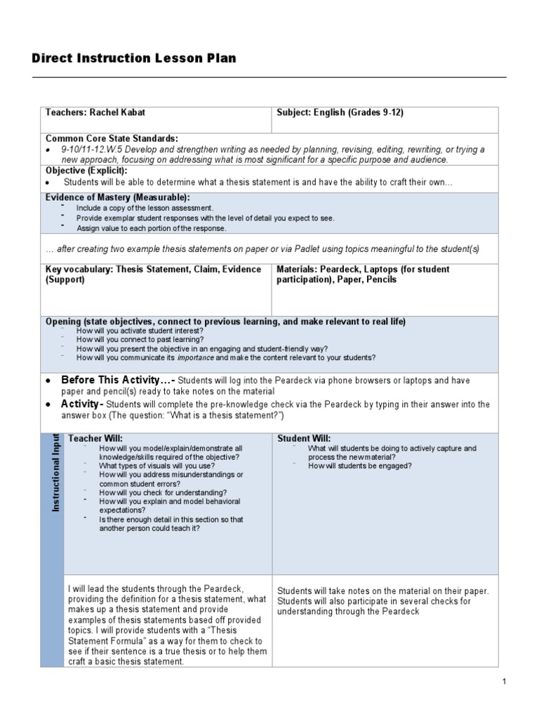 Thesis Statement Lesson Plan for Grades 9-12 | PDF | Thesis | Question