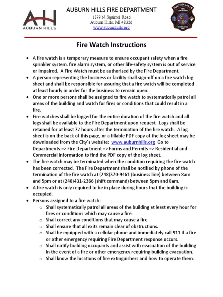 Fire Watch Instructions: Auburn Hills Fire Department | PDF | Public ...
