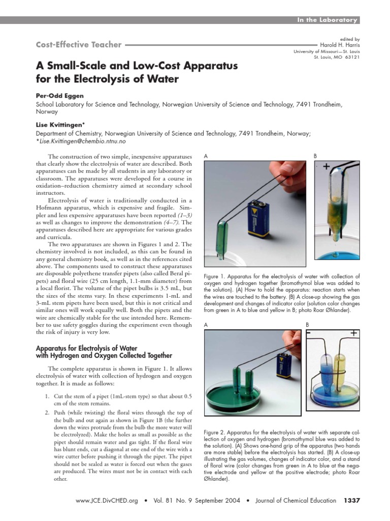 A Small-Scale and Low-Cost Apparatus For The Electrolysis of Water ...
