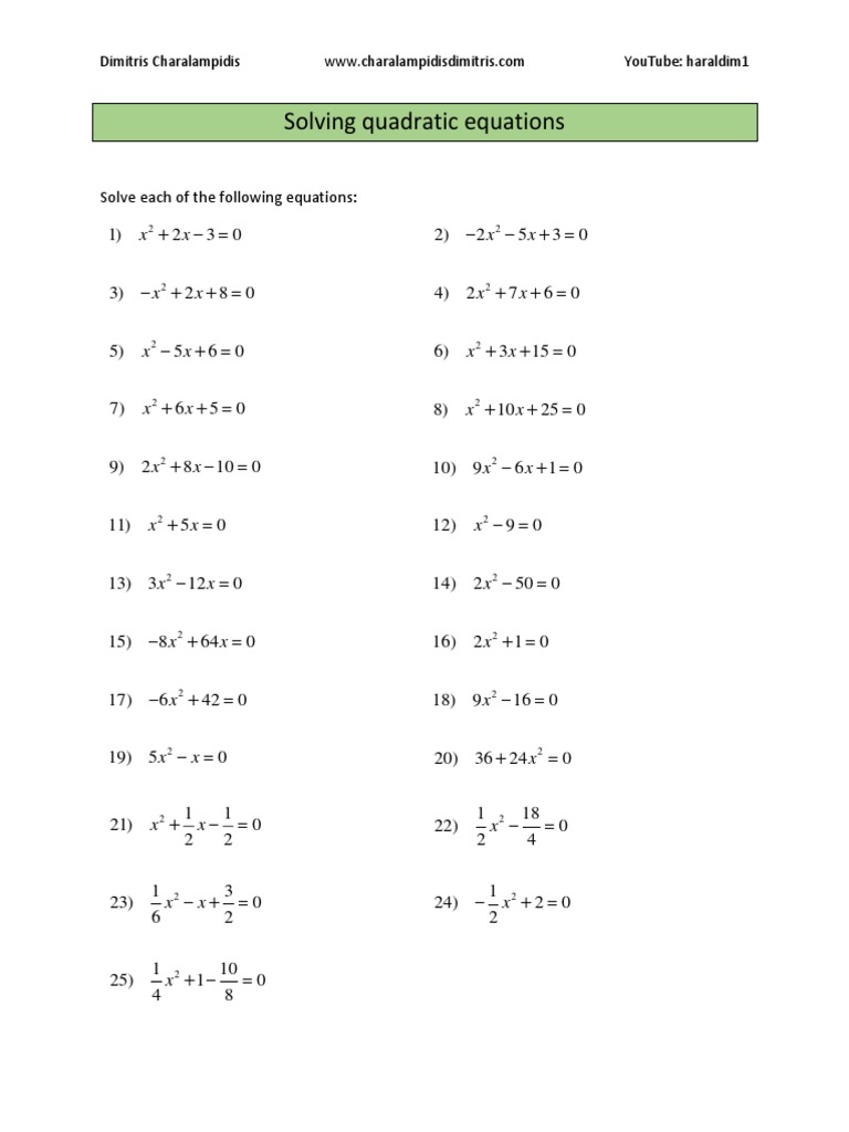 Solving Quadratic Equations Exercises | PDF | Equations | Mathematical ...