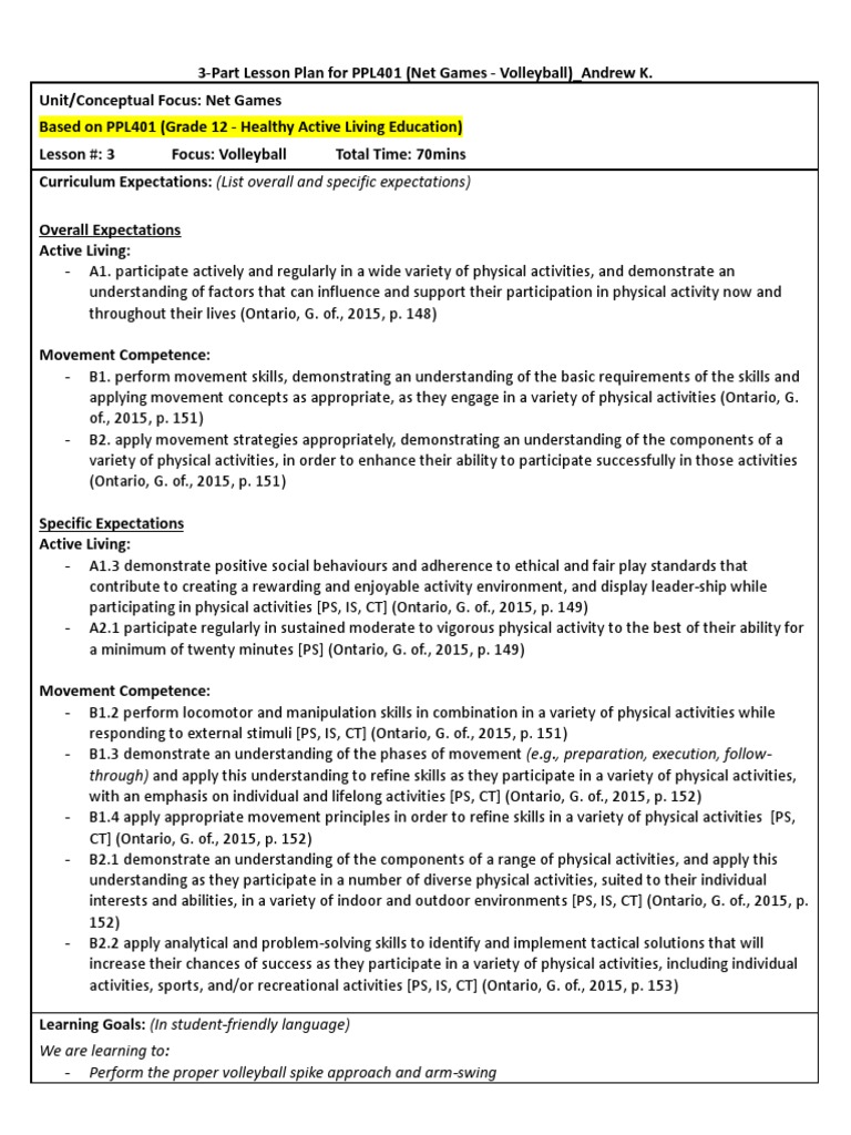 Volleyball 3 Part Lesson Plan For ppl401 Andrew K | PDF | Volleyball ...