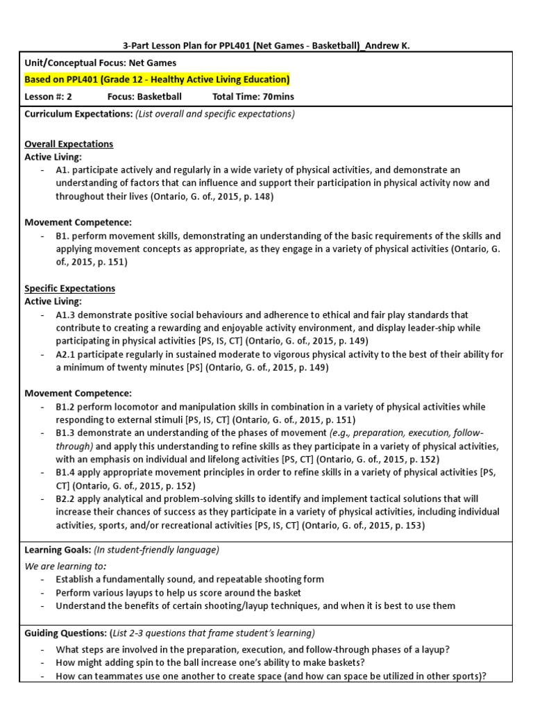 3-Part Basketball Lesson Plan for PPL401 | PDF | Educational Assessment ...