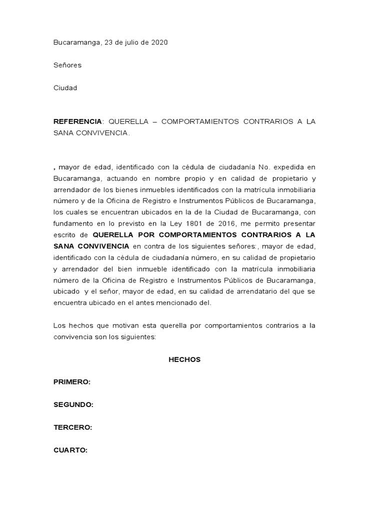 Modelo de Querella A Inspeccion de Policia Por Comportamientos ...