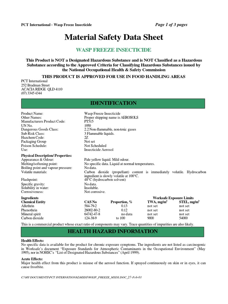 Wasp Freeze Msds | PDF | Dangerous Goods | Fires