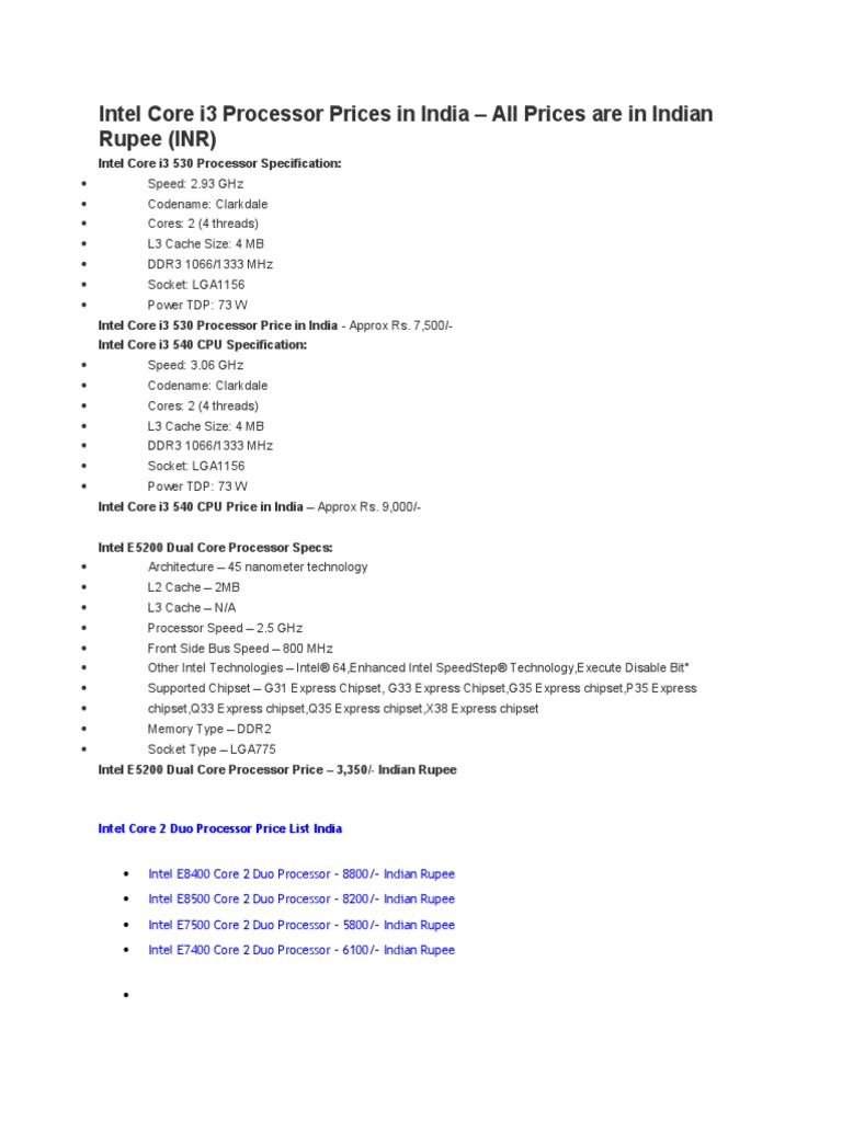 Intel Core I3 Processor Prices in India | PDF | Computers