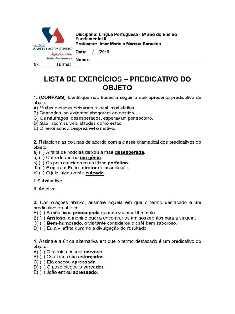 Lista de Exercícios - Predicativo Do Objeto | PDF | Mecânica da linguagem | Sintaxe