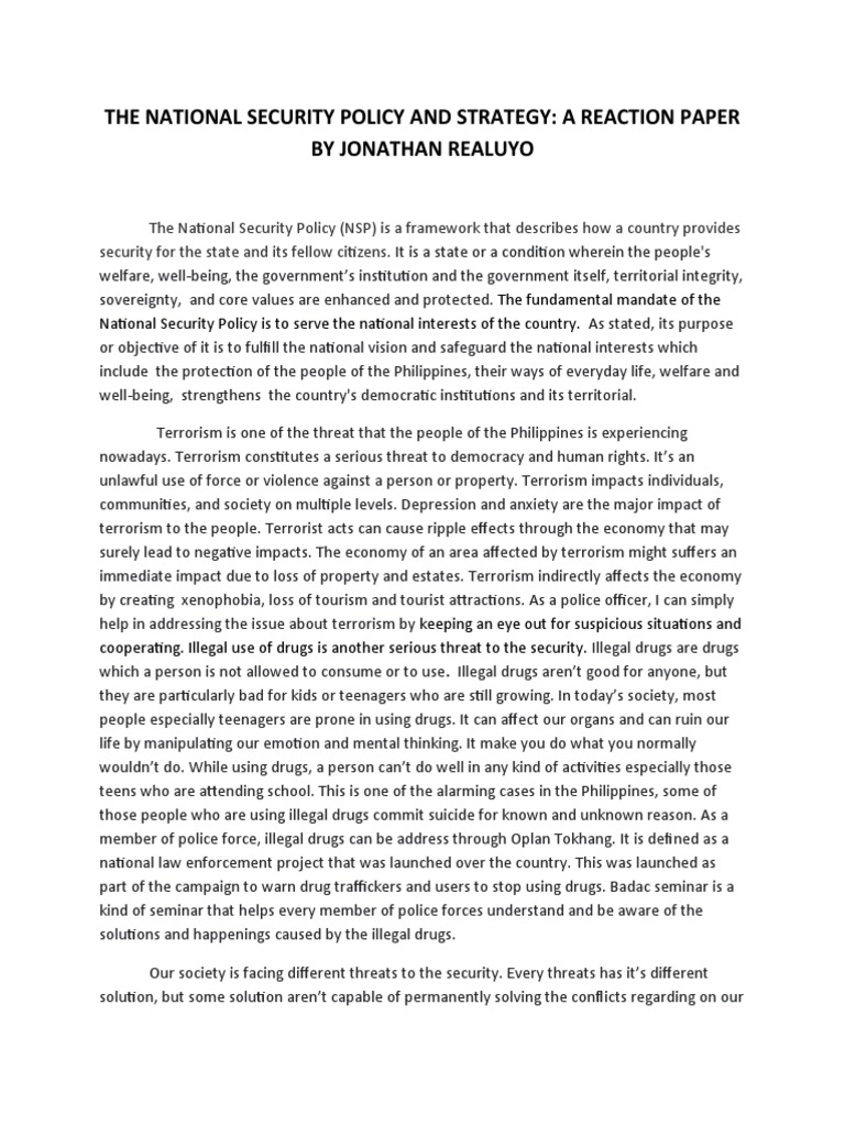 The National Security Policy and Strategy: A Reaction Paper by Jonathan ...