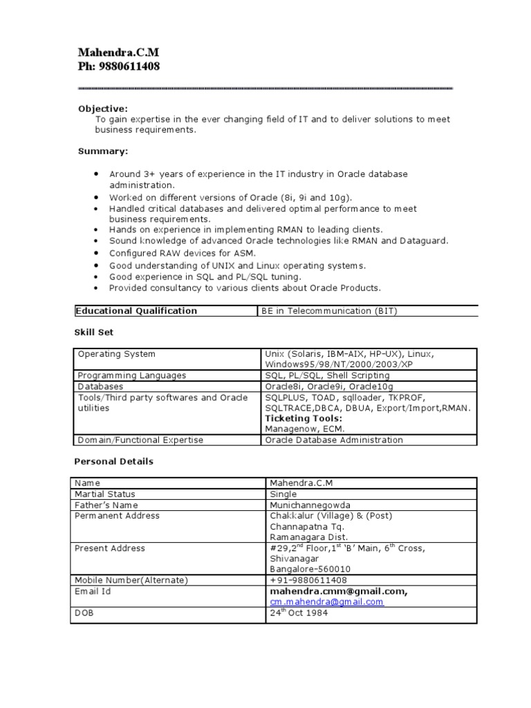 Mahendra Resume | PDF | Oracle Database | Databases