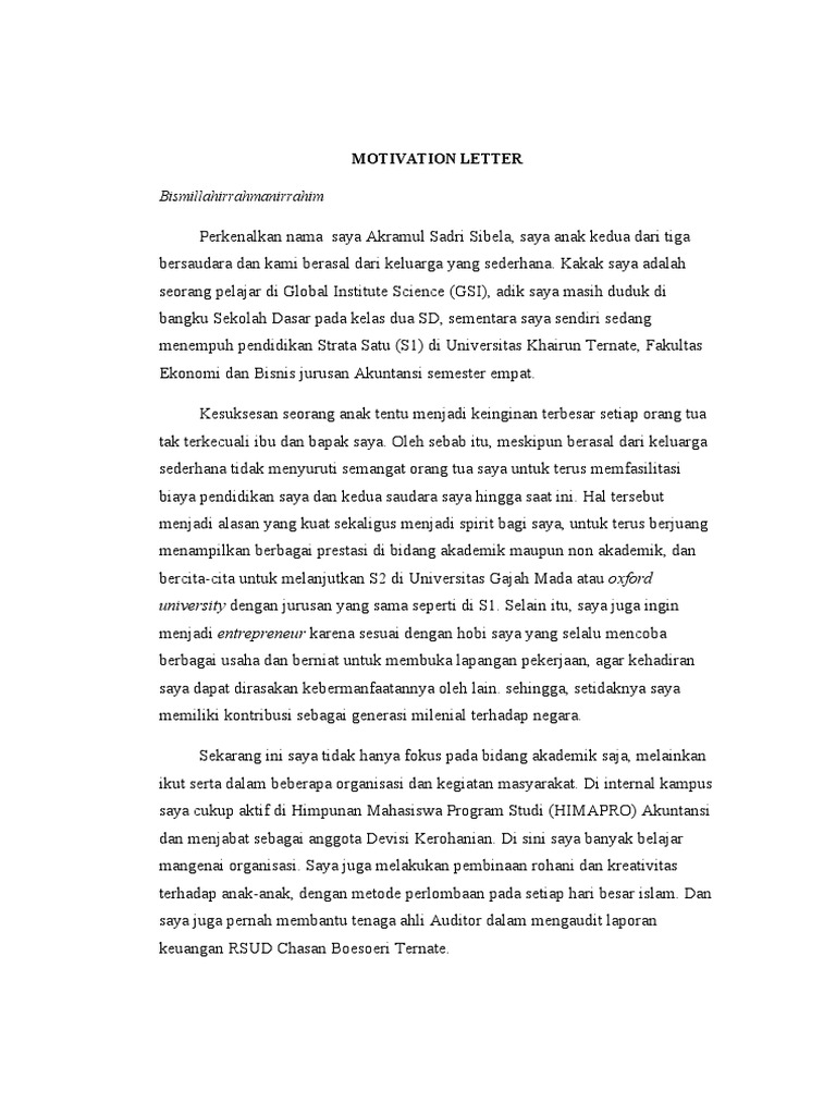 Contoh: MOTIVATION LETTER | PDF