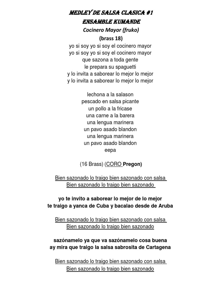 Letra - Medley de Salsa Clasica#1 | PDF | Cocina de las Americas ...