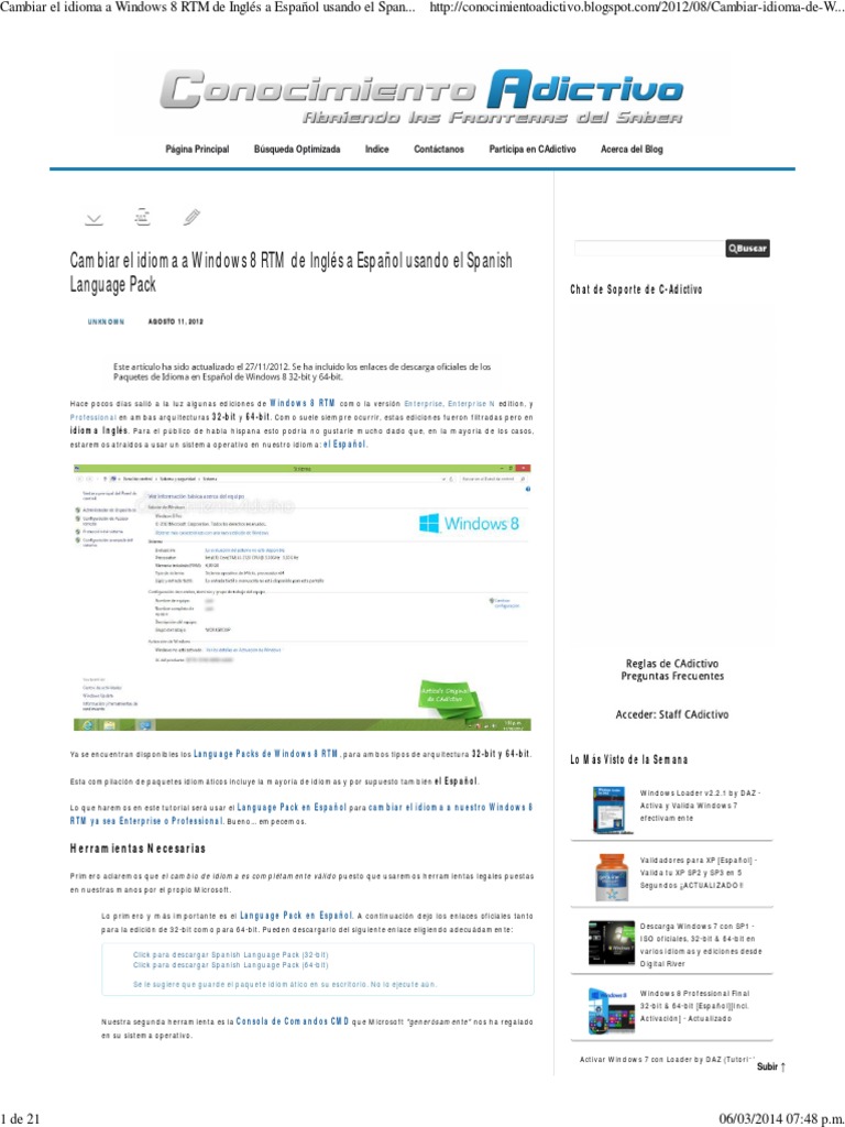Cambiar El Idioma A Windows 8 RTM de Ingles A Espanol Usando El Spanish ...