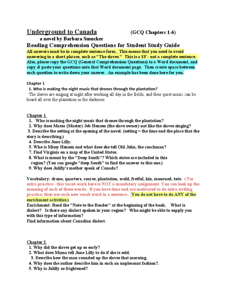 A Journey into Slavery: Comprehension Questions for Underground to ...